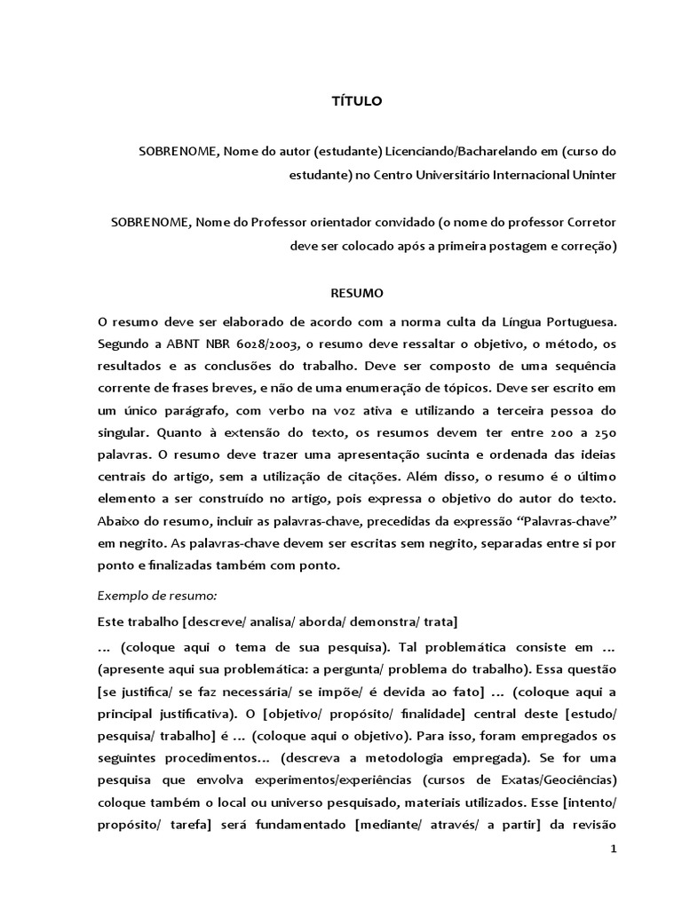 Template (Modelo) - Artigo TCC | PDF | Abstract (resumo) | Método científico