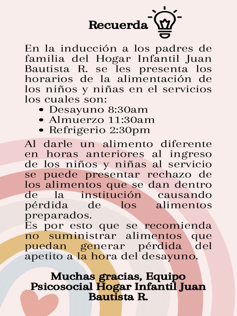 Horarios de alimentación y recomendaciones para padres de familia del ...