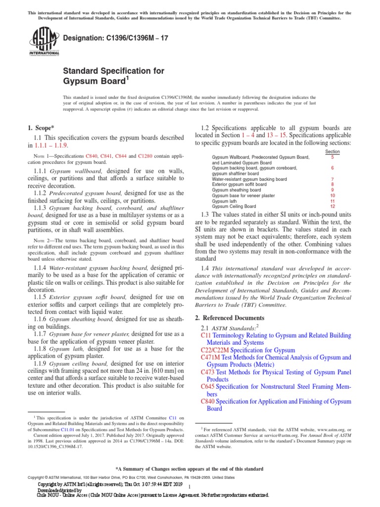 ASTM C 1396-2017 - Placas de Yeso | PDF | Drywall | Plaster