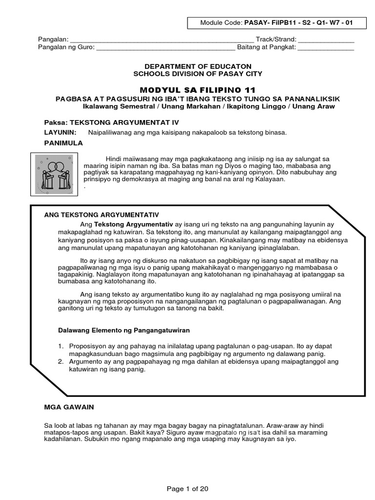 02 STEM 11 PASAY Filipino Pagbasa at Pagsusuri S2 Q1 W7 | PDF