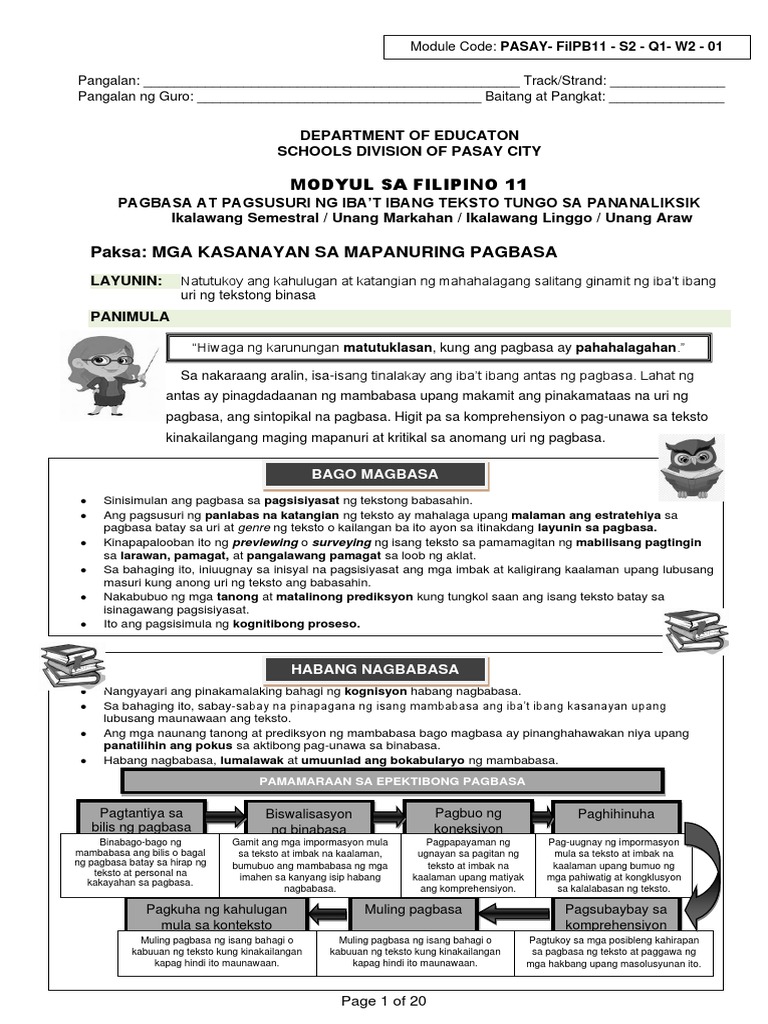 02 HUMMS 11 PASAY Filipino Pagbasa at Pagsusuri S2 Q1 W2 PDF | PDF