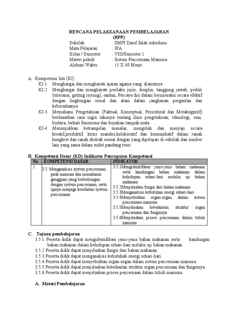 RPP Sistem Pencernaan Manusia Kelas VIII | PDF | Kesehatan Holistik