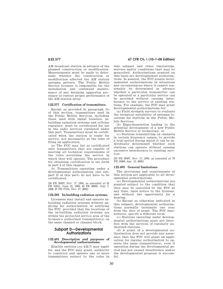 47 CFR Ch. I (10-1-08 Edition) 22.377: 22.377 Certification of ...