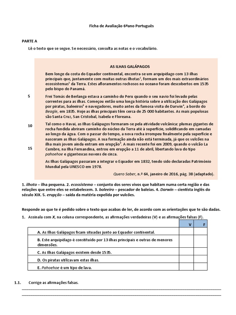 Ficha de Avaliação Português 6ºano Texto Dramático | PDF | Vulcão ...
