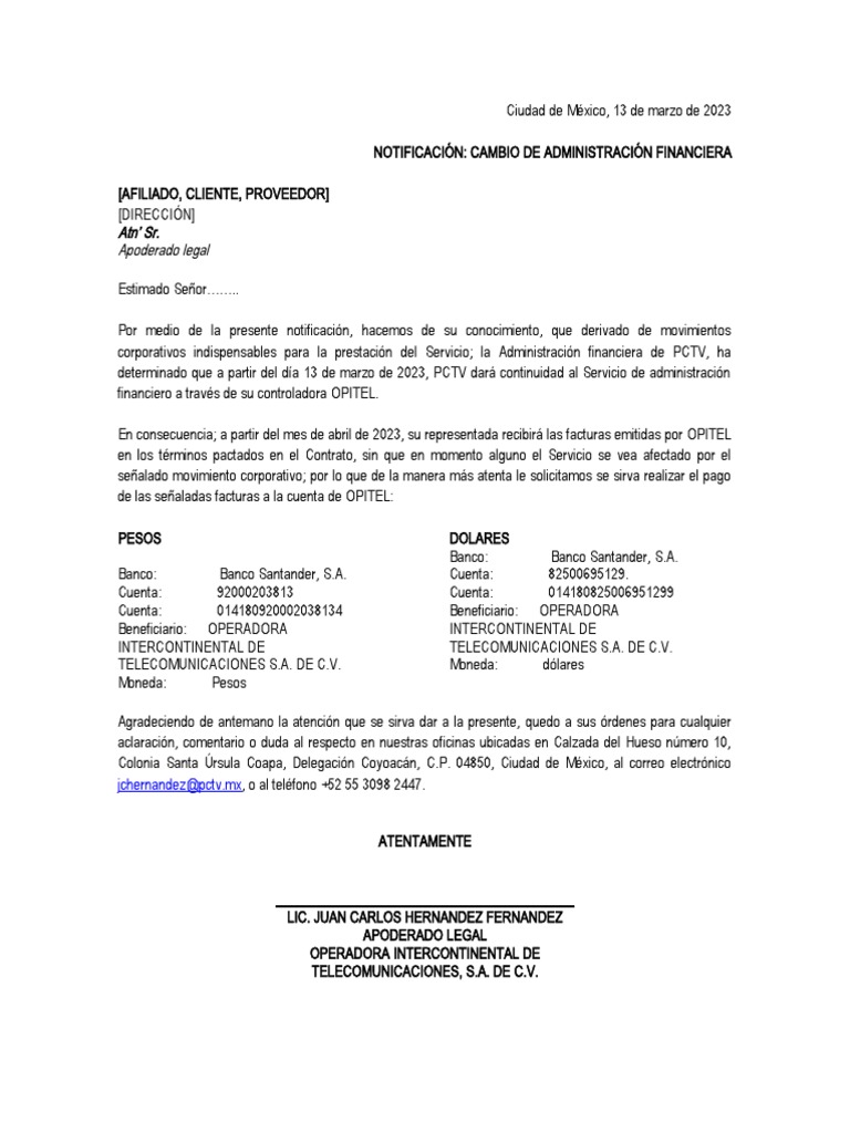 Carta Modelo de Notificación Opitel - Afiliados, Proveedores, Clientes ...