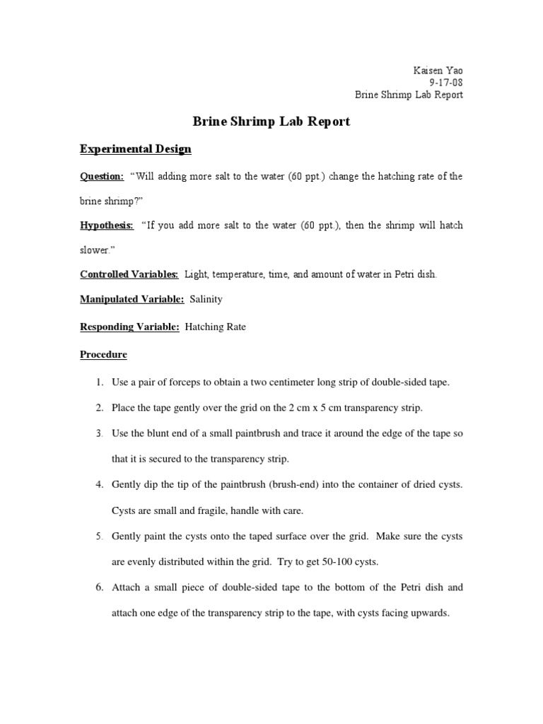 Brine Shrimp Lab Report | PDF | Experiment | Nature