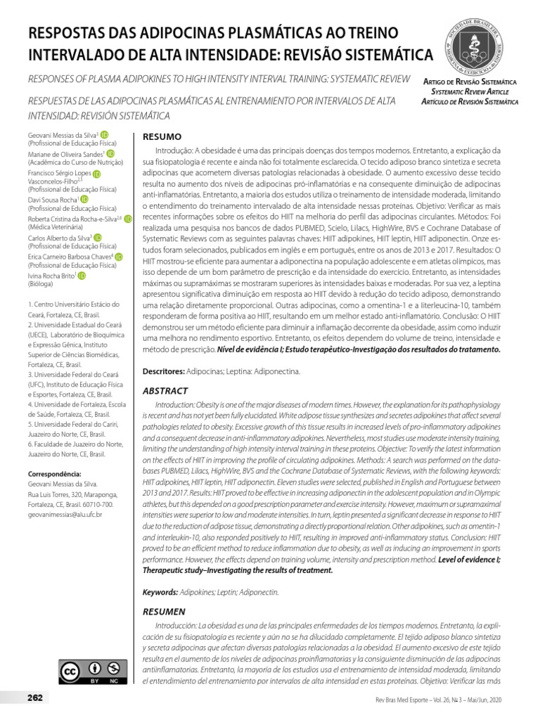 Artigo - Respostas Das Adipocinas Plasm Ticas Ao HIIT - Portugu S | PDF | Leptina | Colesterol