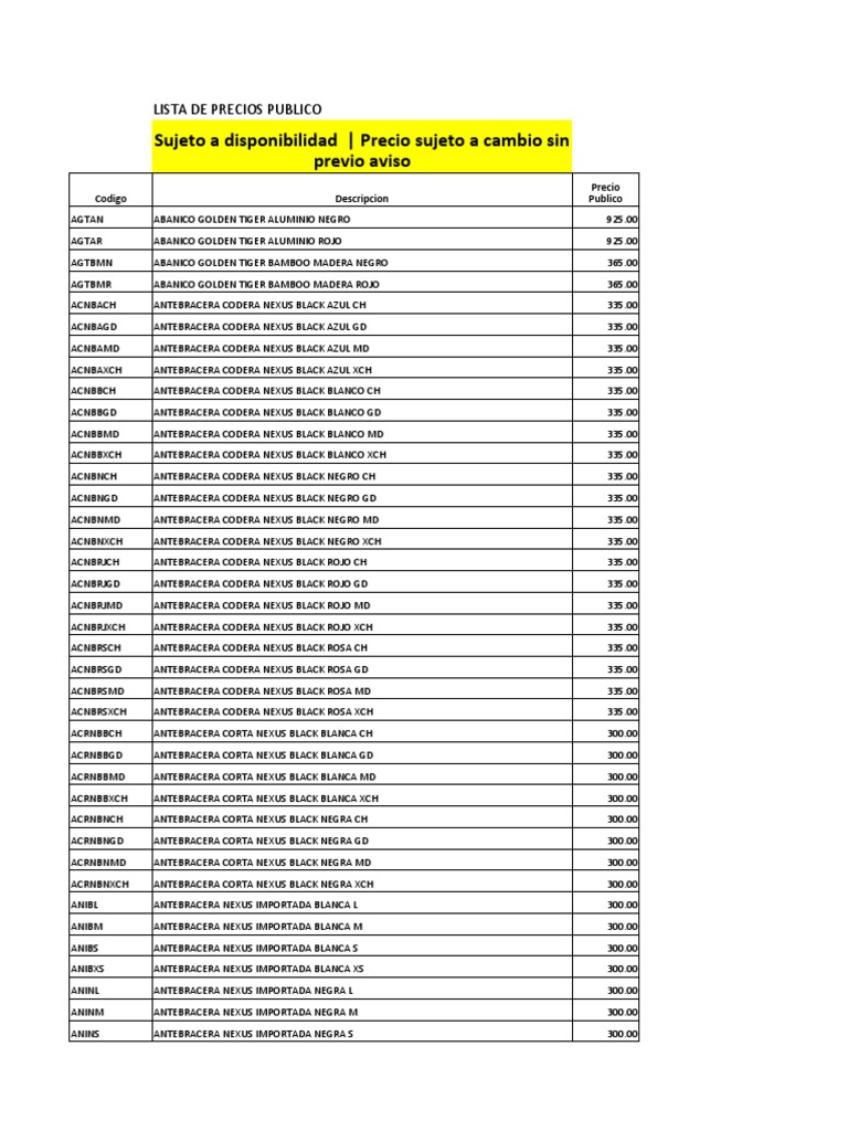 LISTA DE PRECIOS A PUBLICO | PDF | Amarelo | Espectro eletromagnético