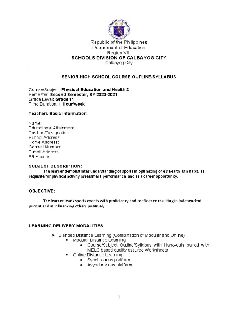 Senior High School PE & Health Syllabus | PDF | Distance Education ...
