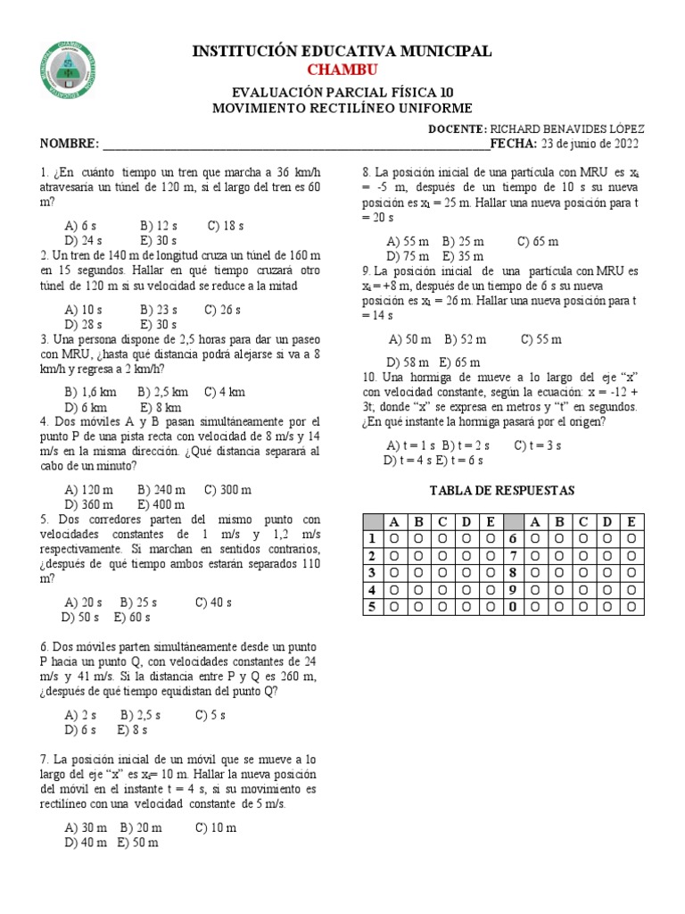 Examen Parcial Física 10 | PDF | Velocidad