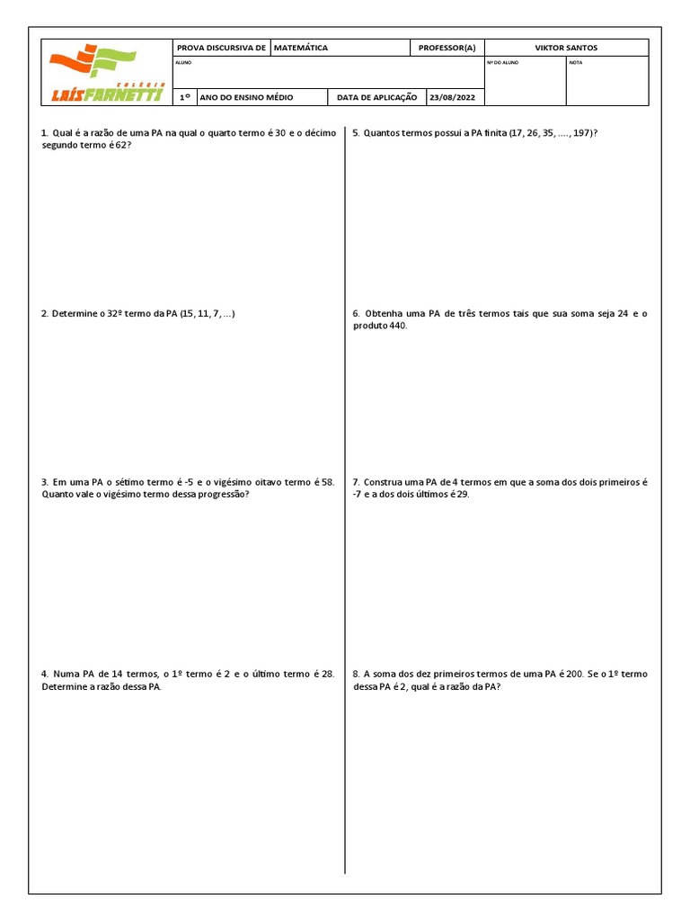 Prova Discursiva de Matemática | PDF