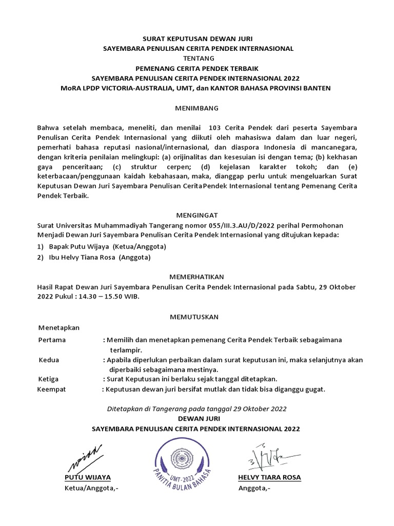 SK Juri Sayembara CERPEN - Final | PDF