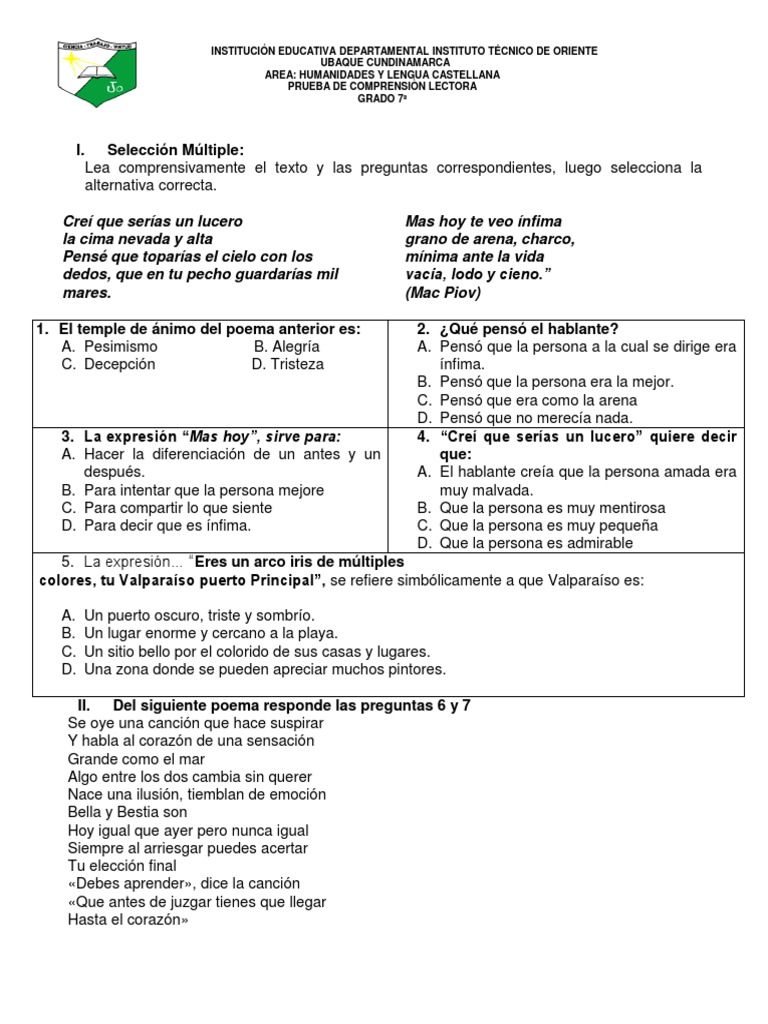 Prueba Séptimo Lectura | PDF