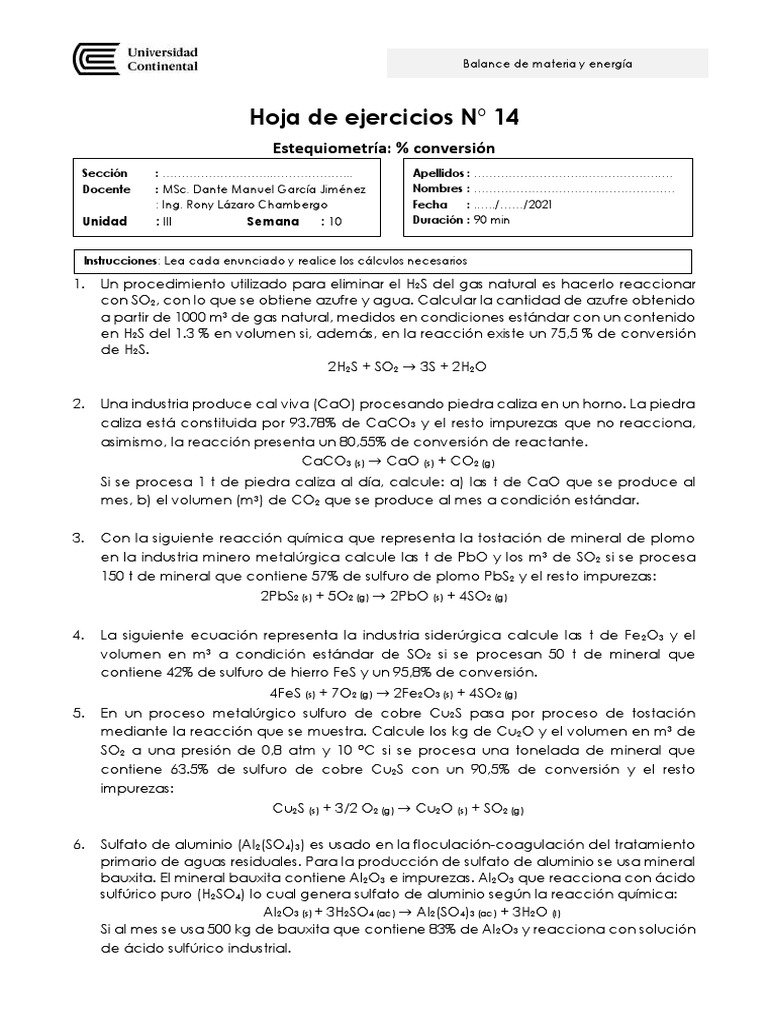 Semana10 - Hoja de Ejercicios 14 E | PDF | Ácido sulfúrico | Caliza