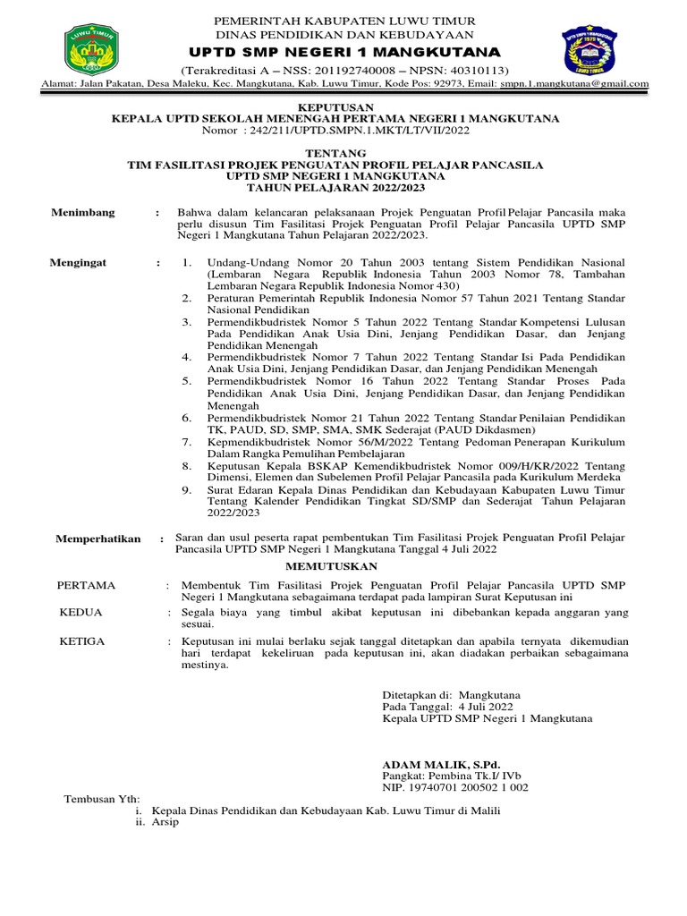 SK Tim Fasilitasi Projek Profil Pelajar Pancasila (P5) | PDF