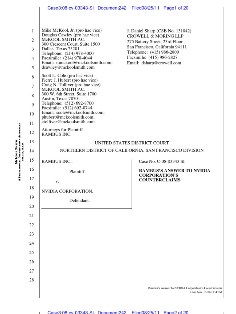 Rambus'S Answer To Nvidia Corporation'S Counterclaims: Mckool 396293V3 ...