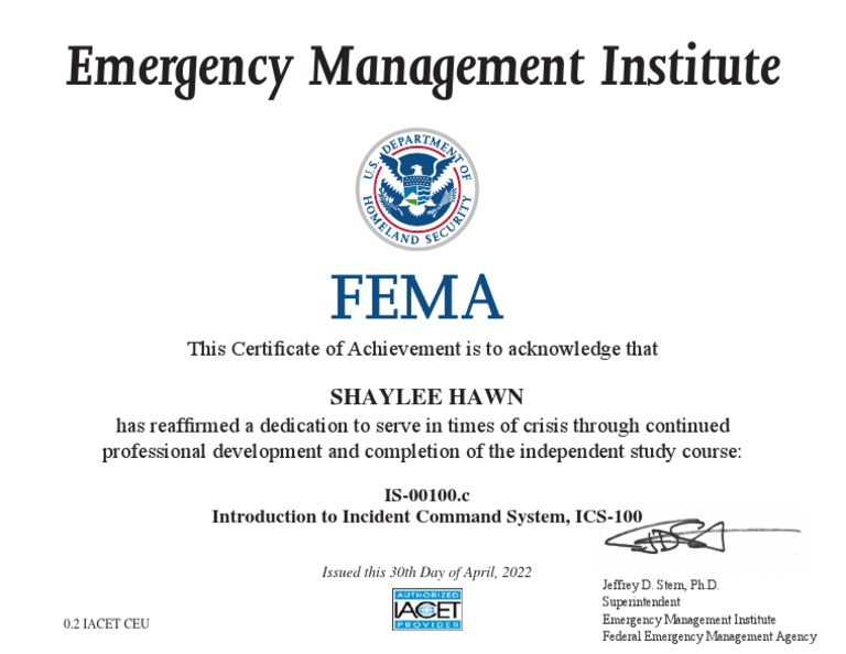 Fema Incident Command System Certificate | PDF