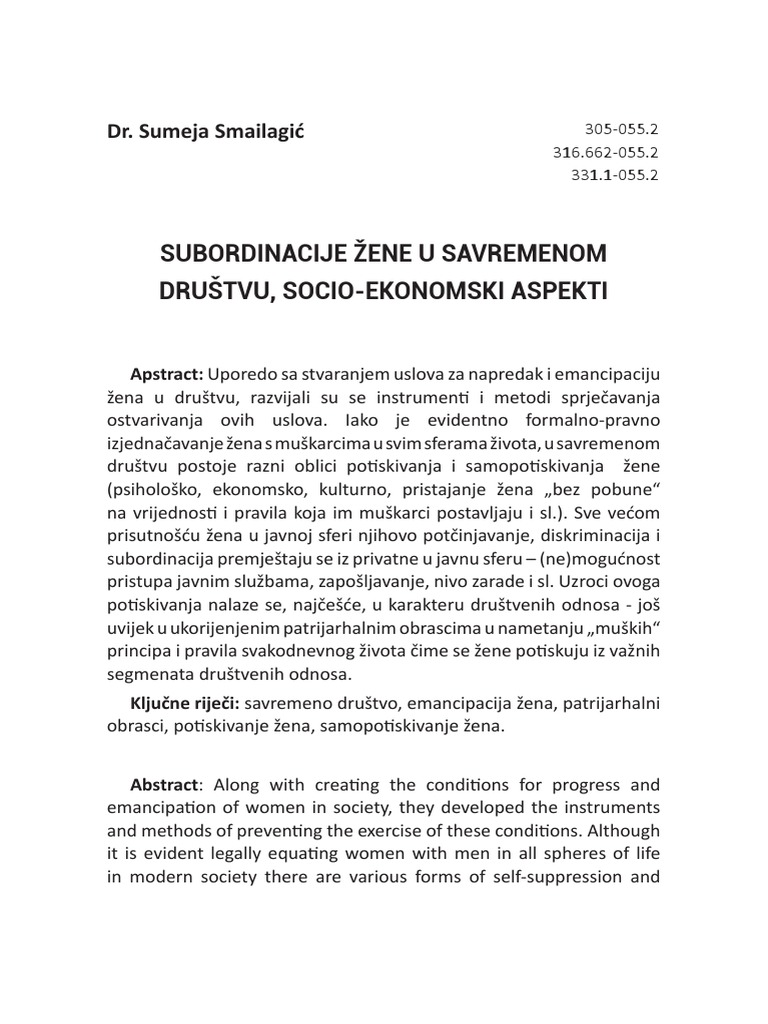 Dr. Sumeja Smailagić, Subordinacije Žene U Savremenom Društvu, Socio ...