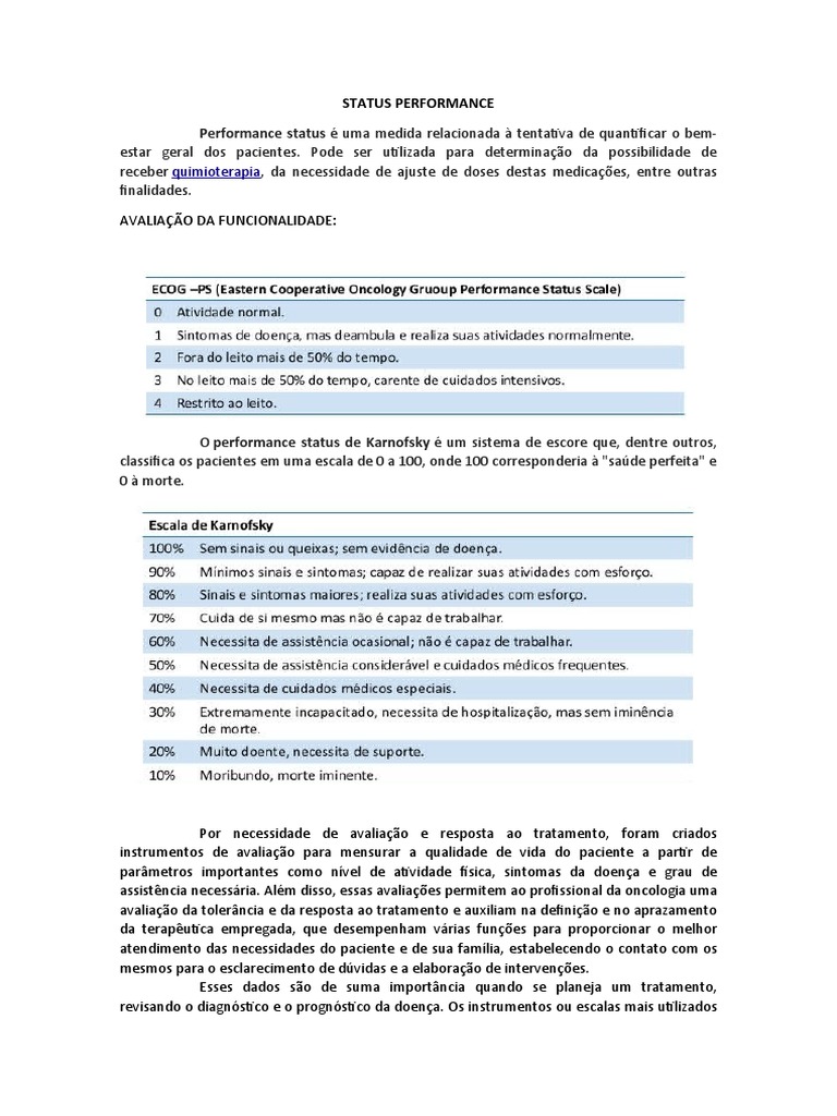 Status Performance | Download grátis PDF | Câncer | Quimioterapia