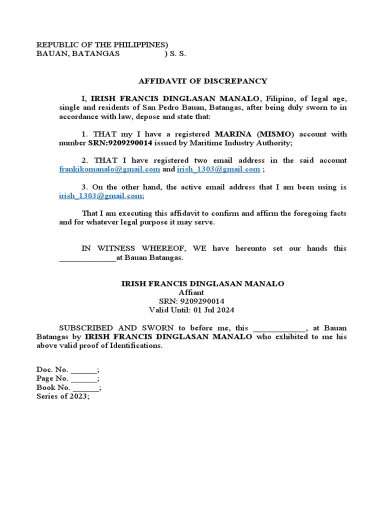 Affidavit of DISCREPANCY-EMAIL ADDRESS-MANALO - 1678427650 | PDF