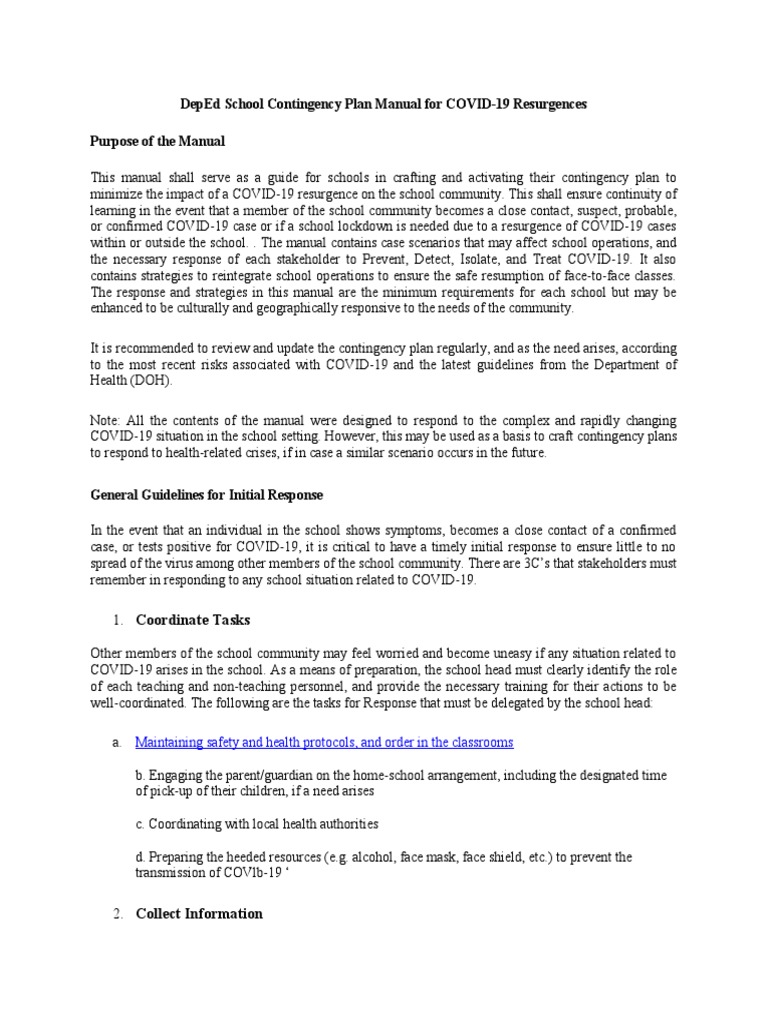 COVID-19 Contingency Plan for Schools | PDF | Infection | Quarantine