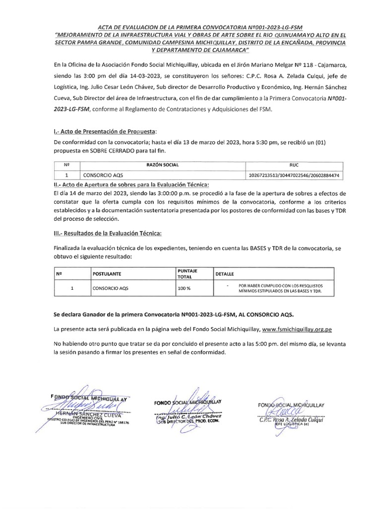 Acta de Resultados Primera Convocatoria #001-2023-Lg-fsm. | PDF