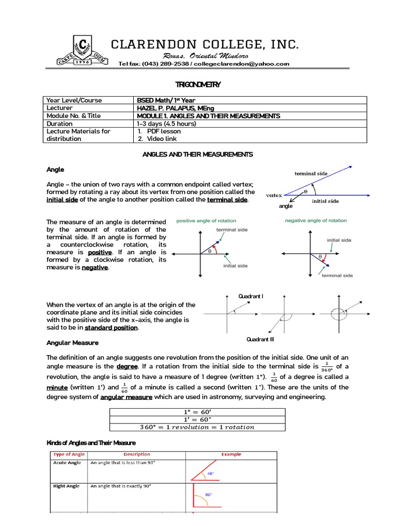 Trigo Module 1. Angles and Their Measurements Final PDF | PDF ...