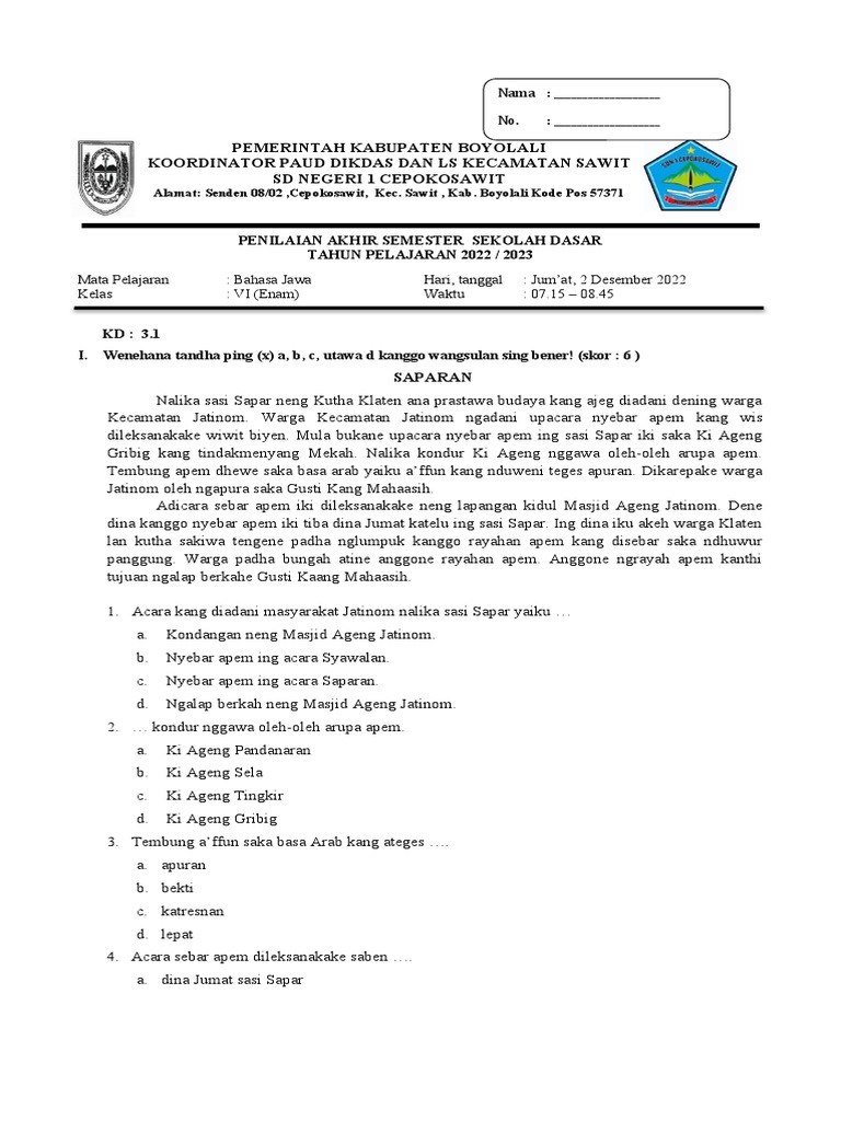Soal Pas Bahasa Jawa Kelas 6 | PDF