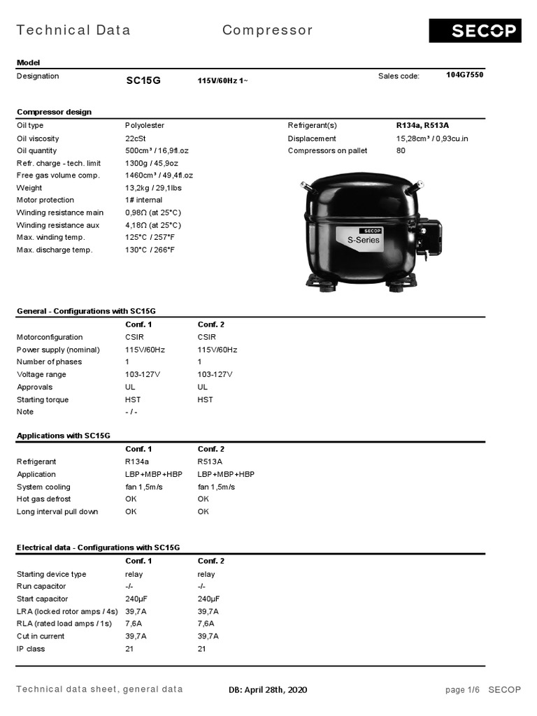 Technical Data Compressor: Model 104G7550 115V/60Hz 1 | PDF ...
