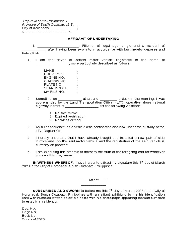 Affidavit of Undertaking Vehicle Blank | PDF