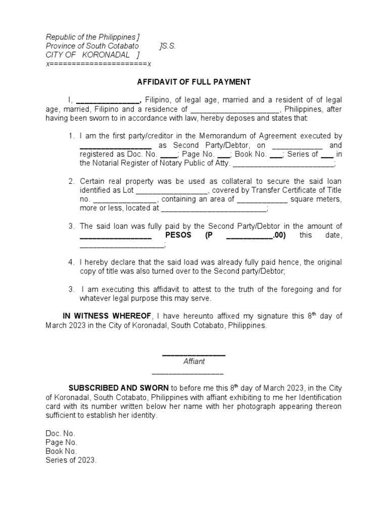 Affidavit of Full Payment Blank | PDF | Finance & Money Management ...