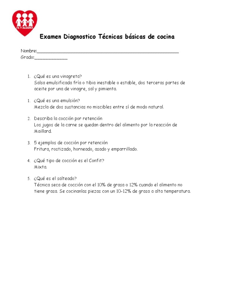 Examen Diagnostico Técnicas básicas de cocina | PDF | Vinagreta | Emulsión