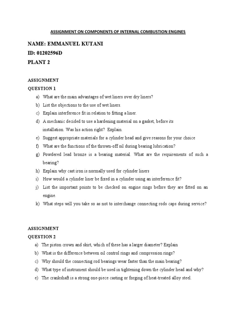 Assignment On Components of Ice | PDF | Piston | Bearing (Mechanical)
