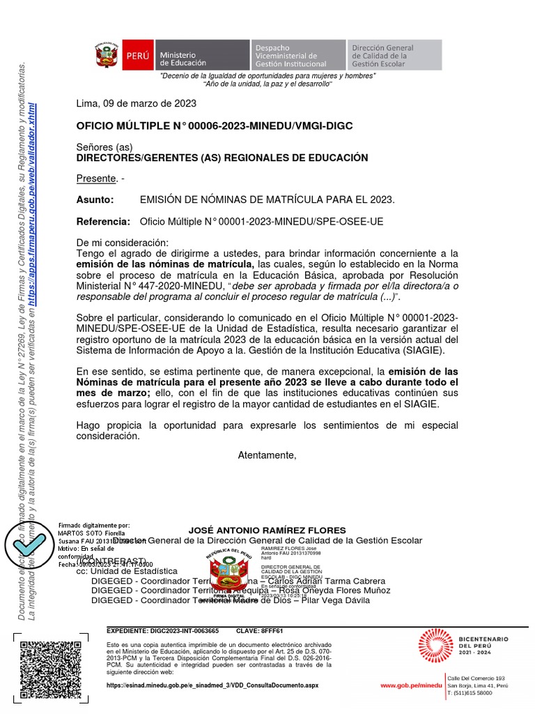 Oficio - Multiple 00006 2023 Minedu Vmgi Digc | PDF