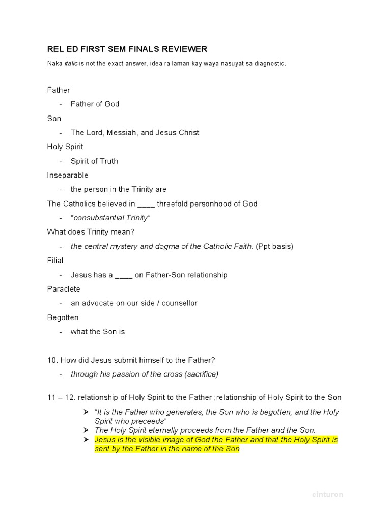 Rel Ed First Sem Finals Reviewer | PDF | Catholic Church | Jesus