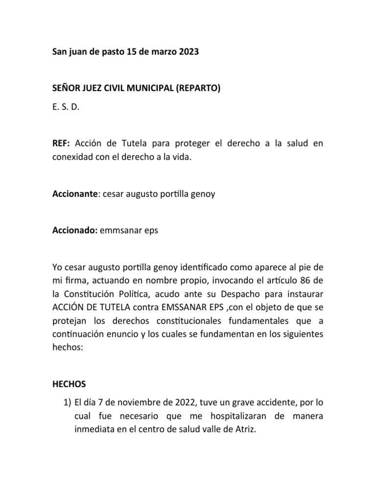 Ejemplo Modelo de Solicitud de Tutela | PDF | Derecho Constitucional | Medicamentos con receta