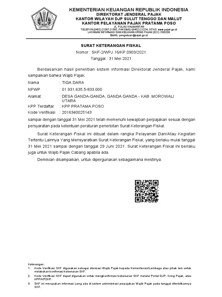 Surat Keterangan Fiskal CV. Tiga Dara 2021 | PDF