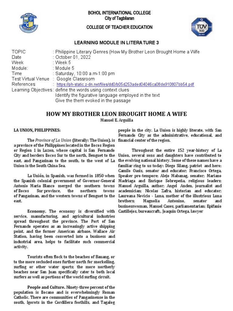 Module 5 How My Brother Leon Brought Home A Wife | PDF