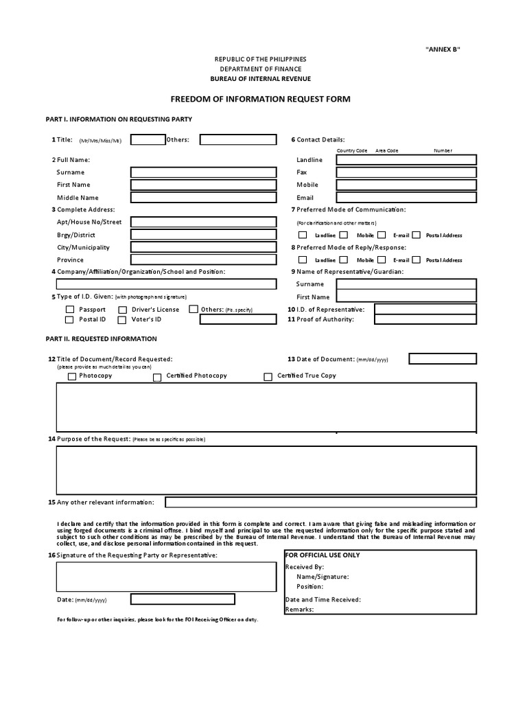 FINAL FOI Request Form - Annex B | PDF | Identity Document | Government