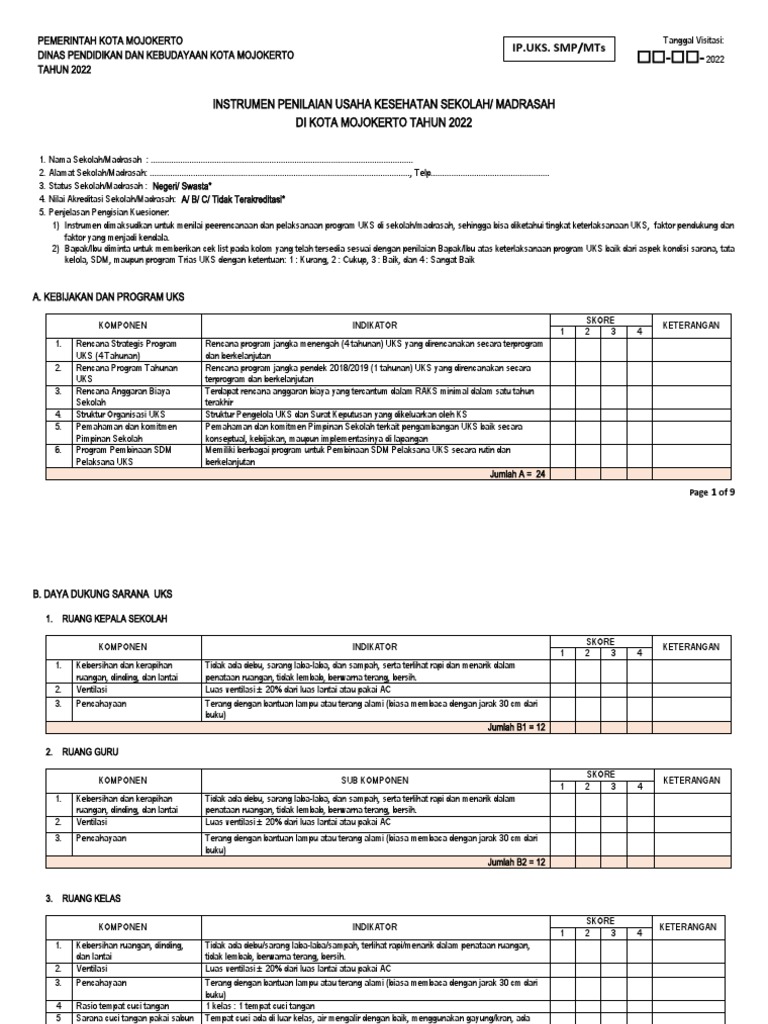 Instrumen Penilaian Program UKS SMP-MTs-2022 | PDF