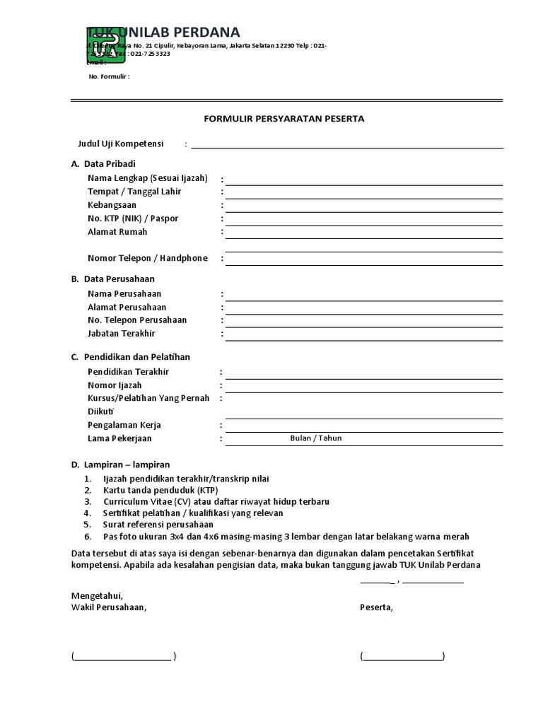 Formulir Persyaratan Peserta PPC AIR | PDF