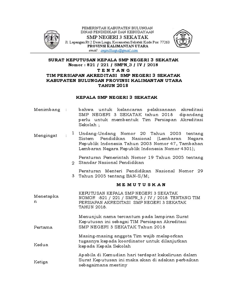 SK TIM AKREDITASI SEKOLAH | PDF