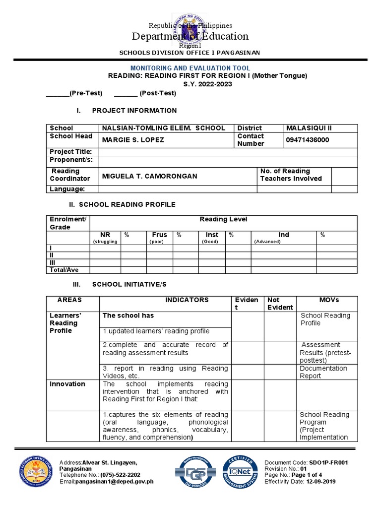 Reading - MT Monitoring - and - Evaluation - Tool-1 | PDF | Phonics ... Reading - MT Monitoring - and - Evaluation - Tool-1 | PDF | Phonics ...
