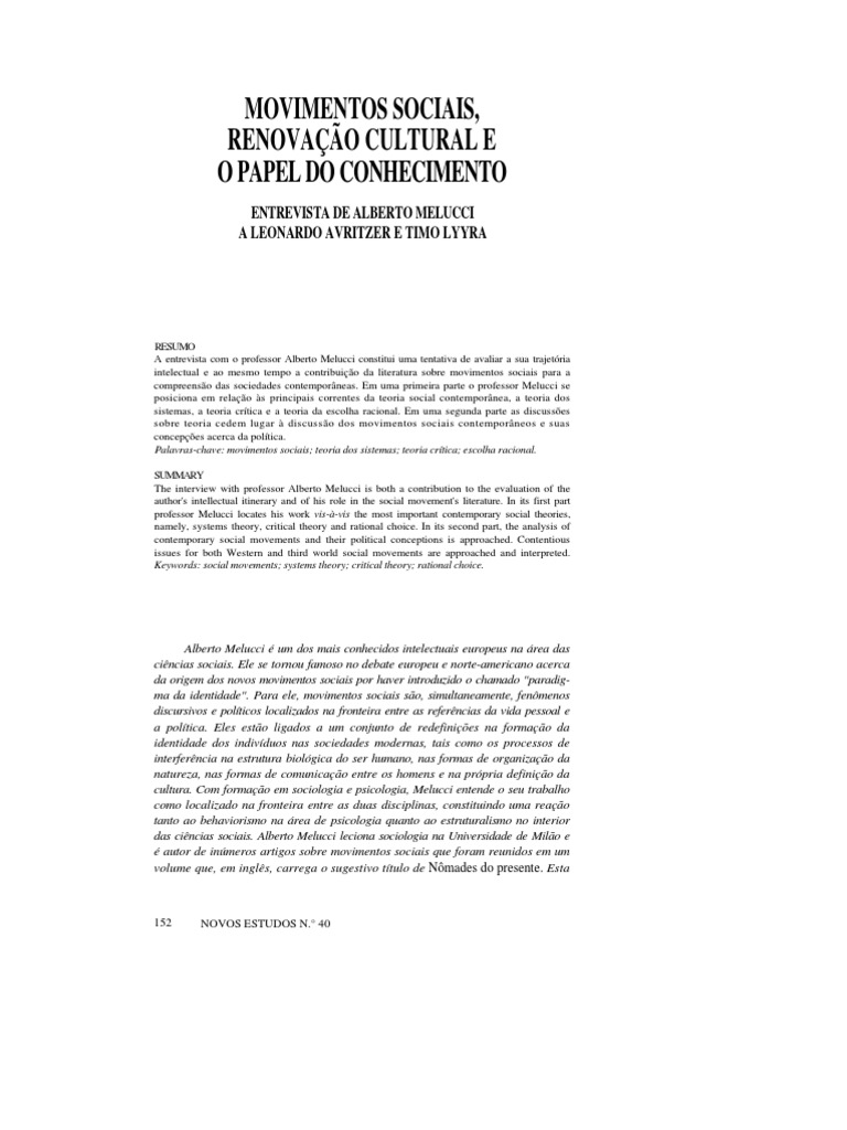 Alberto Melucci - Entrevista - Movimento Social, Renovação Cultural e o ...