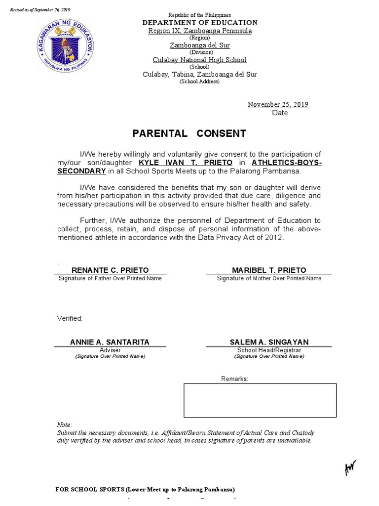 2020 Parents Consent Revised 2 | PDF | Government