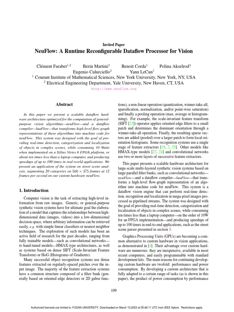 Neuflow A Runtime Reconfigurable Dataflow Processor For Vision Pdf Computer Vision Field