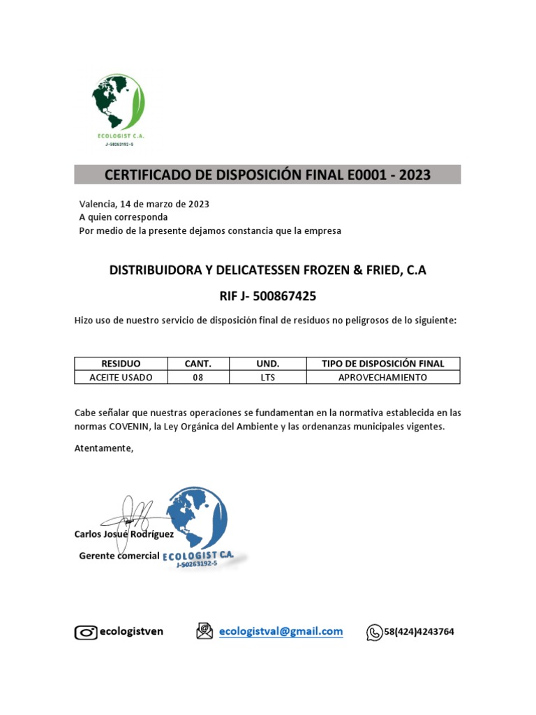 E0001-2023 Certificado Disposición Final PDF | PDF