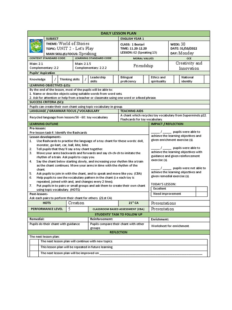 Daily Lesson Plan 1B | PDF | Lesson Plan | Toys