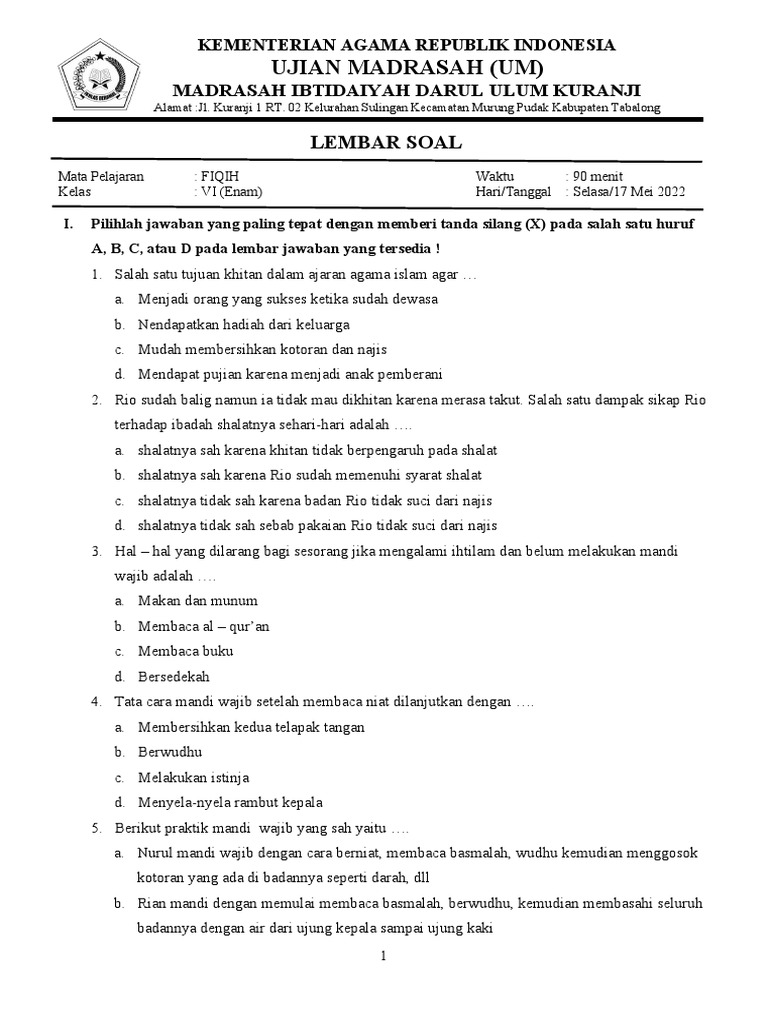 Soal Fiqih Kelas VI MI Darul Ulum | PDF | Agama & Spiritualitas