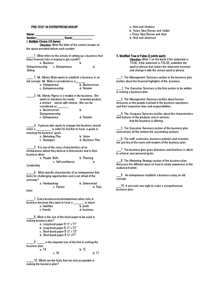 Pre-Test in Entrepreneurship | Download Free PDF | Entrepreneurship ...